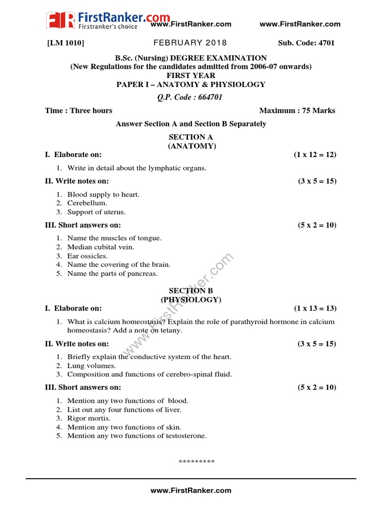 B.SC Nursing - 2018 - Question Papers - First Year - Anatomy and ...