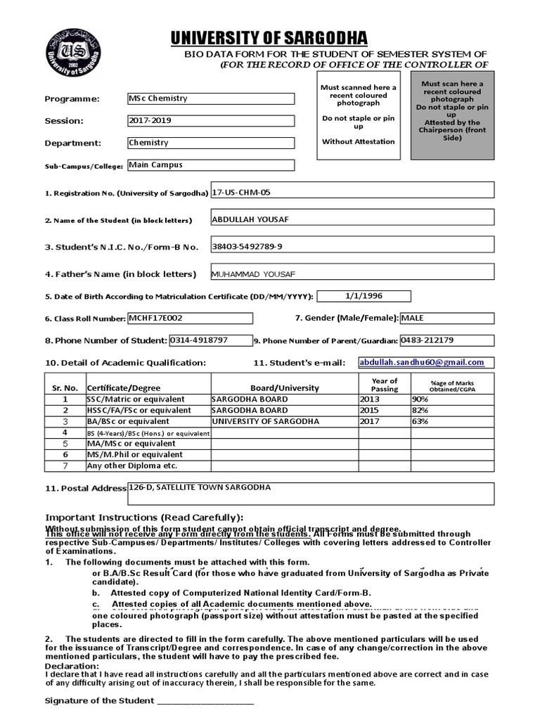 Bio Data Form, UOs | PDF | Bachelor Of Science | Academic Degree