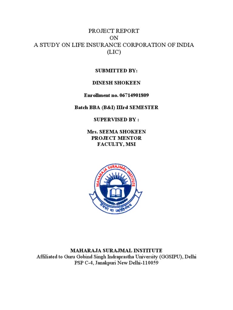 Project Report ON A Study On Life Insurance Corporation of India (LIC) | PDF | Insurance ...