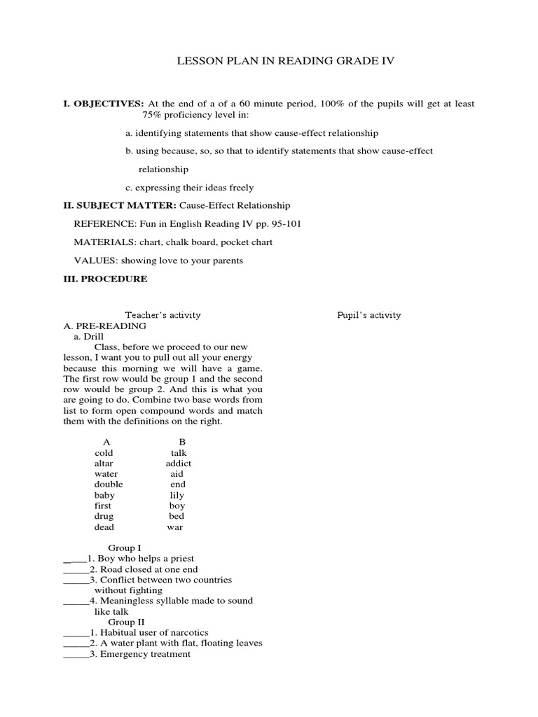 Lesson Plan in Reading Grade IV | PDF | Homework | Lesson Plan