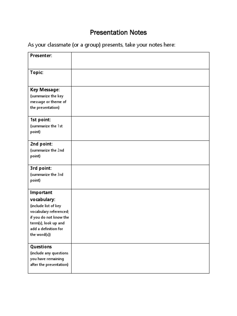 Presentation Notes: As Your Classmate (Or A Group) Presents, Take Your ...