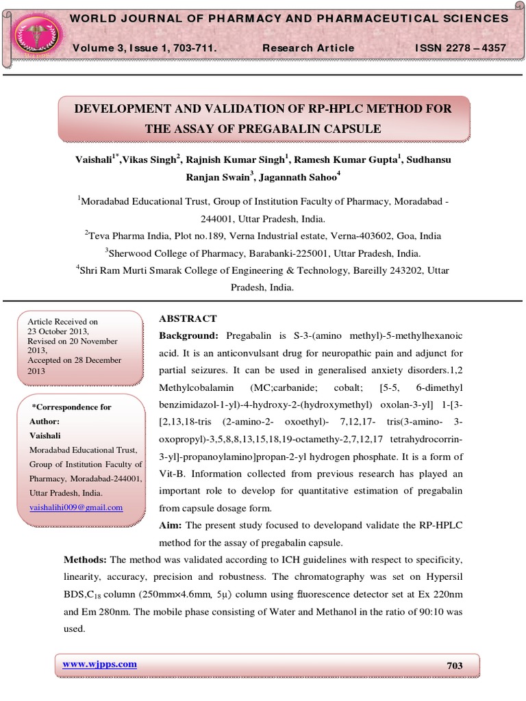 Development and Validation of RP-HPLC Method For The Assay of Pregabalin Capsule | PDF | High ...