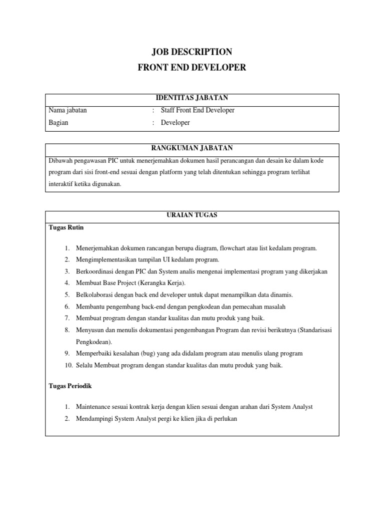 Job Description Front End Developer | PDF