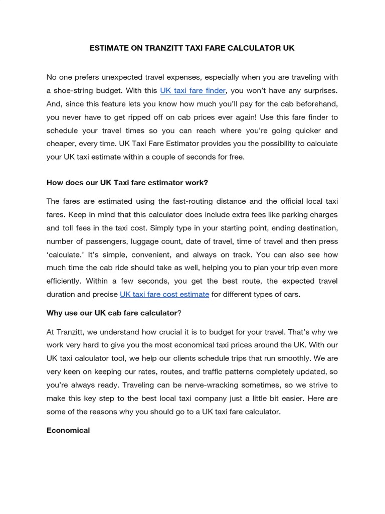 Estimate On Tranzitt Taxi Fare Calculator Uk | PDF | Taxicab | Fare