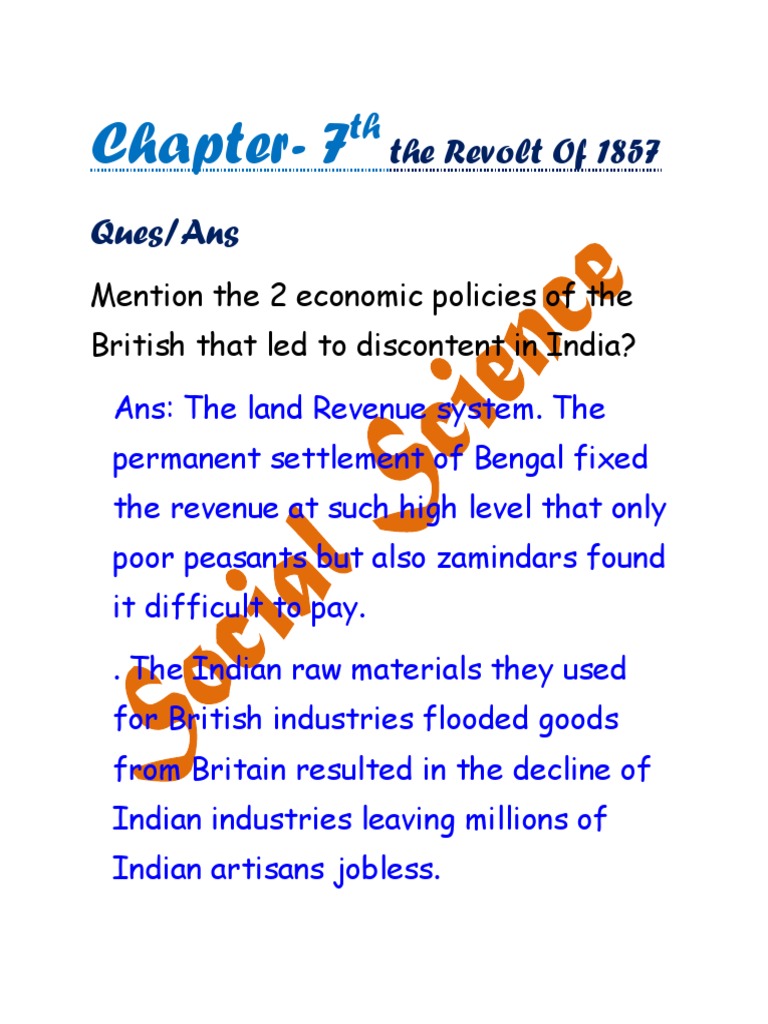 Chapter-7: The Revolt of 1857 Ques/Ans | PDF | Indian Rebellion Of 1857 ...