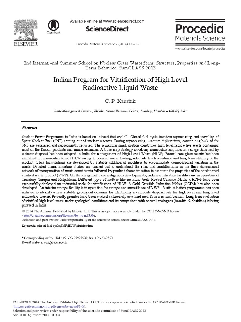 Indian Program For Vitrification of High Level Radioactive Liquid Waste ...