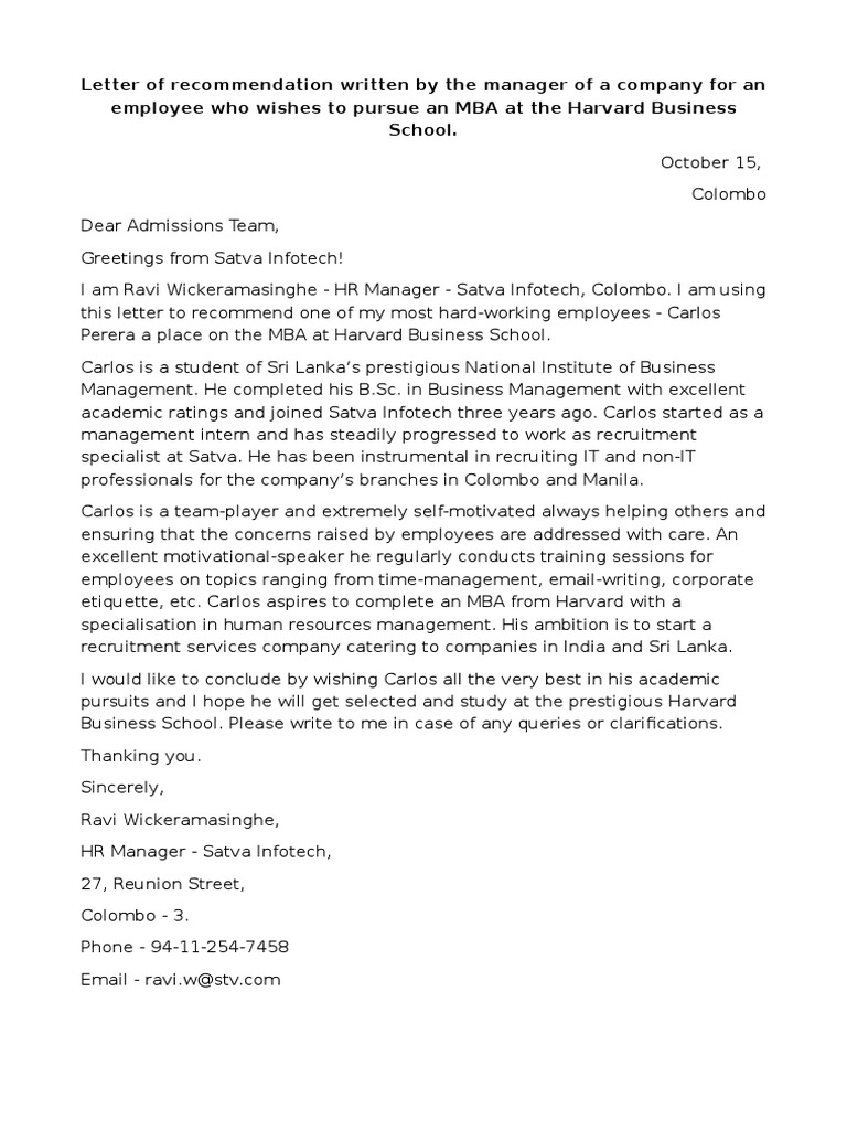 Recommendation Letter For MBA Admission - Odt | PDF
