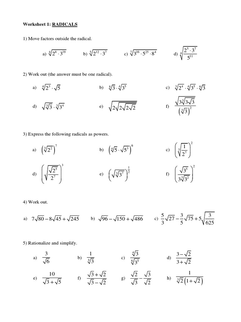 1) Move Factors Outside The Radical.: Worksheet 1: RADICALS | PDF ...