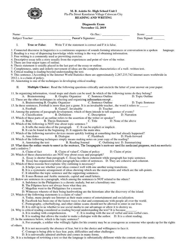 Diagnostic Exam Reading and Writing | PDF | Plagiarism | Essays