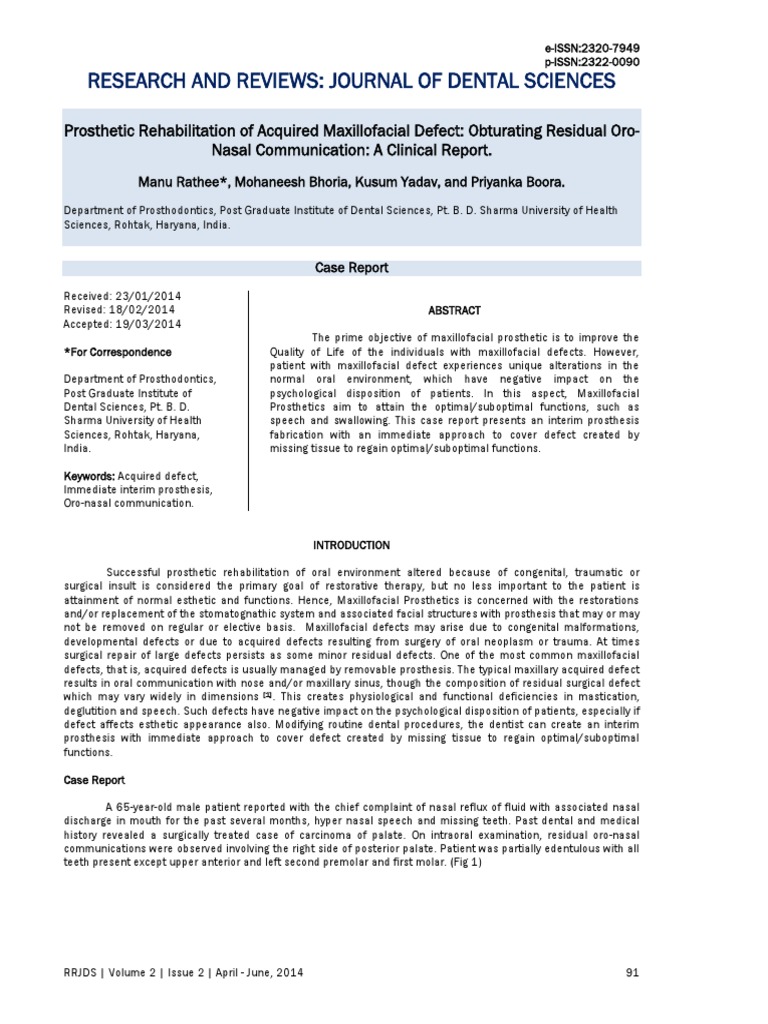 Prosthetic Rehabilitation of Acquired Maxillofacial Defect Obturating ...