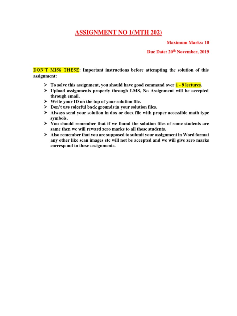 Assignment No 1 (MTH 202) : Maximum Marks: 10 Due Date: 20 November, 2019 | PDF