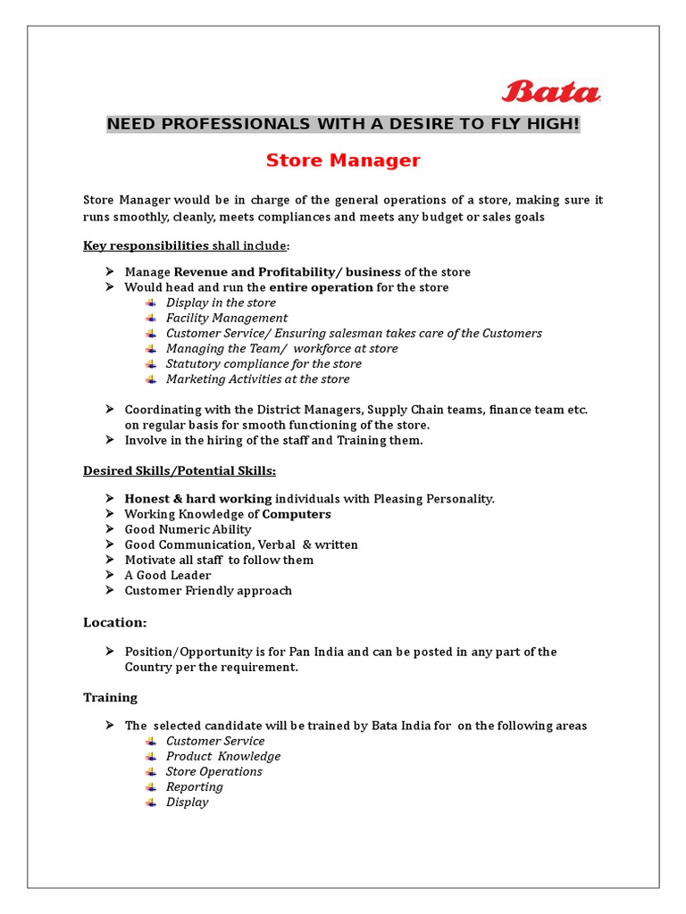Bata Store Manager JD 2019 | PDF | Retail | Sales