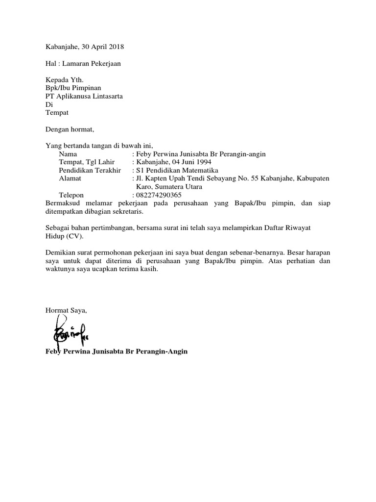 Surat Lamaran Kerja Feby | PDF