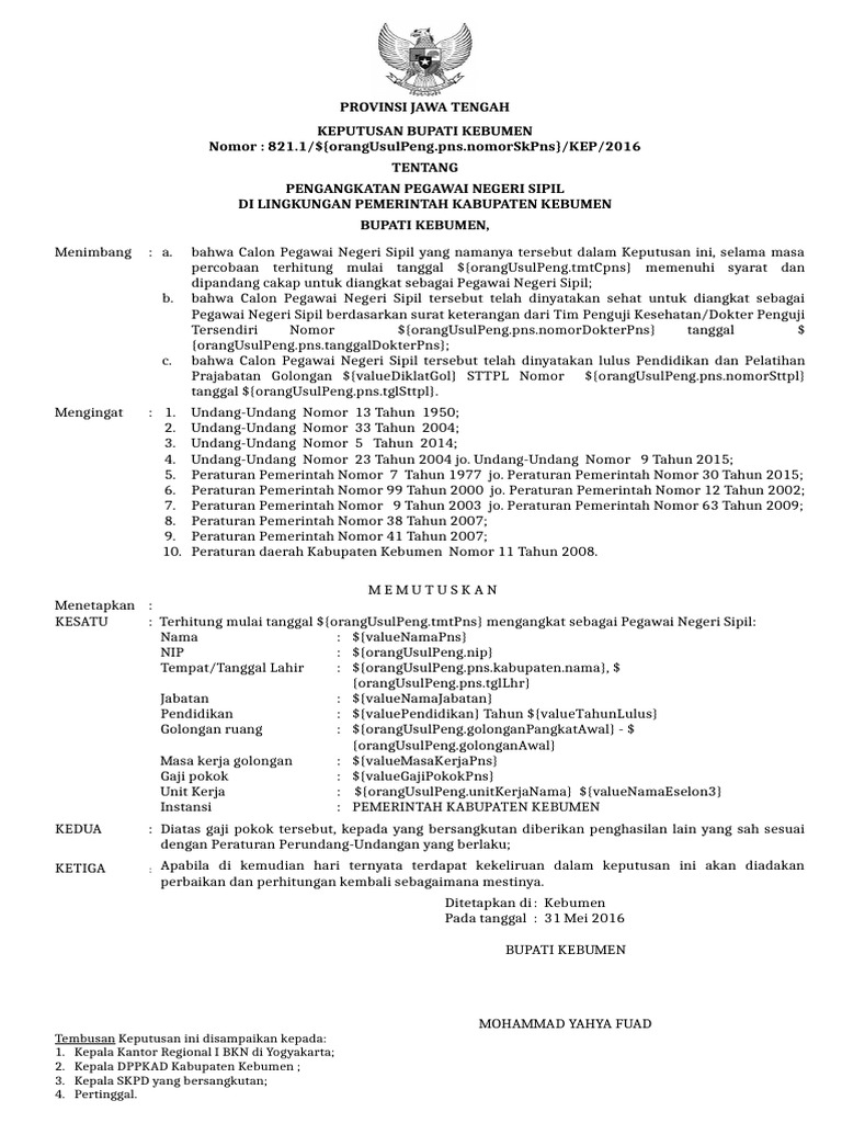 SK Pengangkatan PNS Kebumen 2016 | PDF | Ilmu Sosial | Hukum