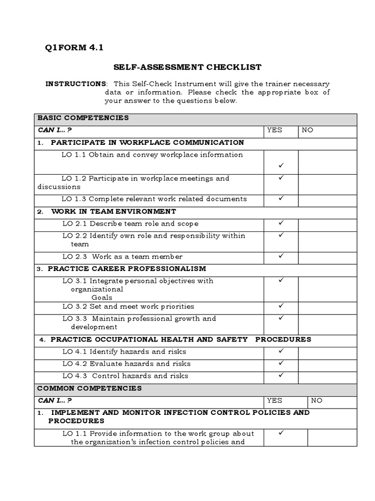 1 Self Assessment Checklist | PDF | Infection Control | Risk