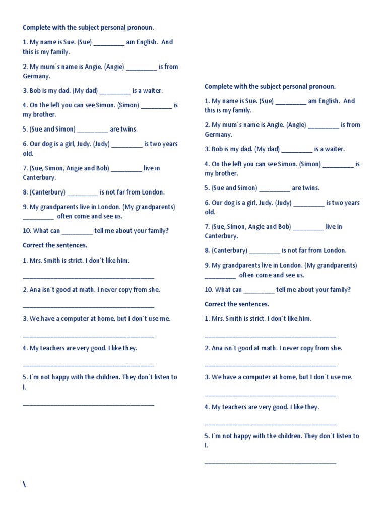 Complete With The Subject Personal Pronoun | PDF | Grammar | Language ...