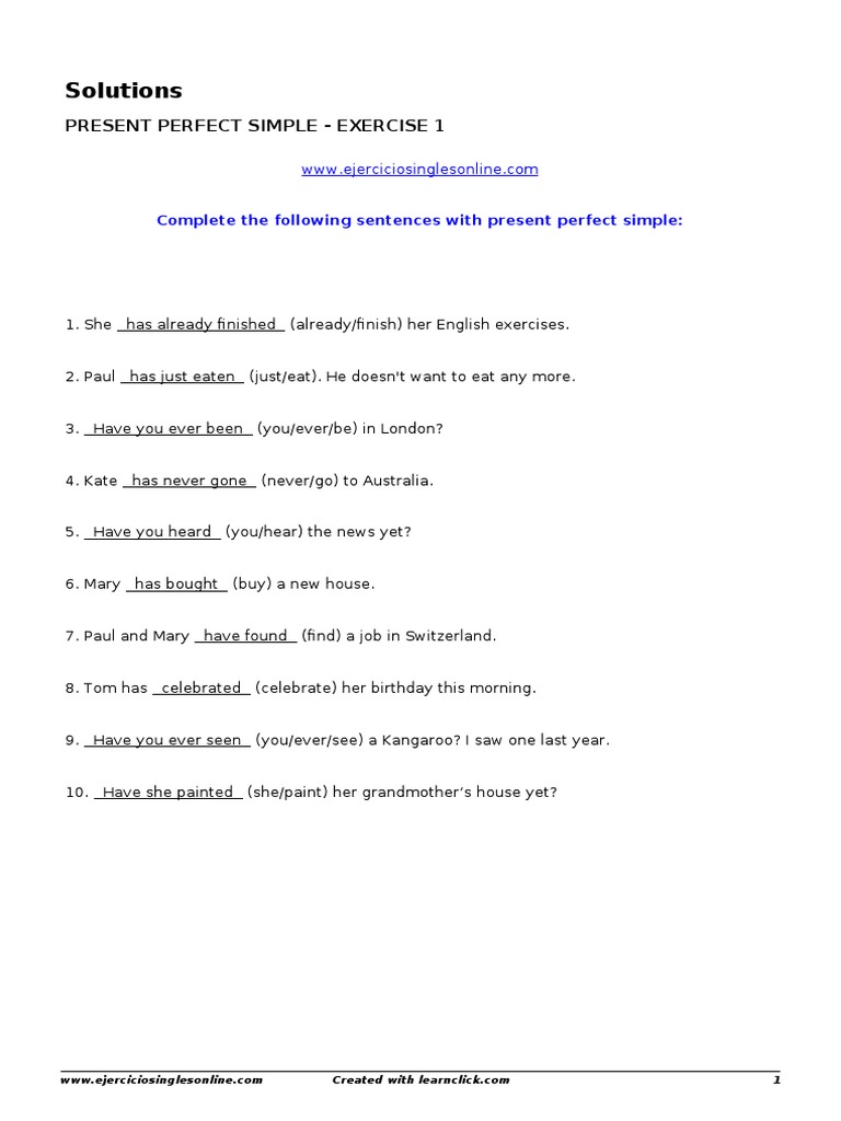Solutions - PRESENT PERFECT SIMPLE - EXERCISE 1 PDF | PDF