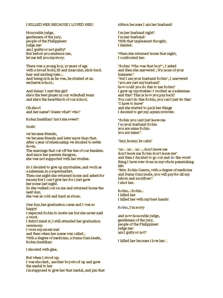 I Killed Her Because I Loved Her Declamation Piece | PDF
