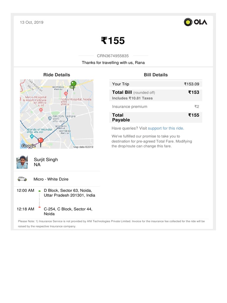 Sample of Ola Bill For Edit | PDF | Invoice | Services (Economics)