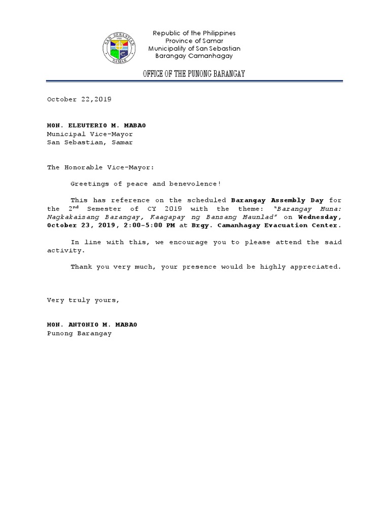 Brgy Assembly Invitation Letter | PDF