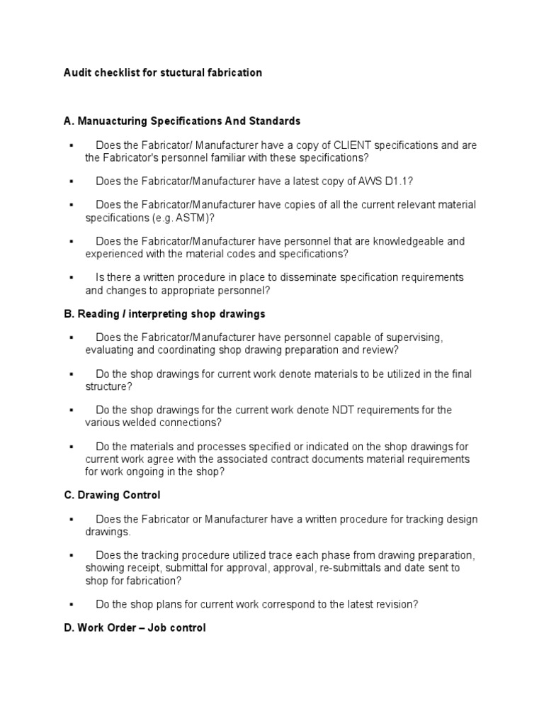 Audit Checklist | PDF | Welding | Construction