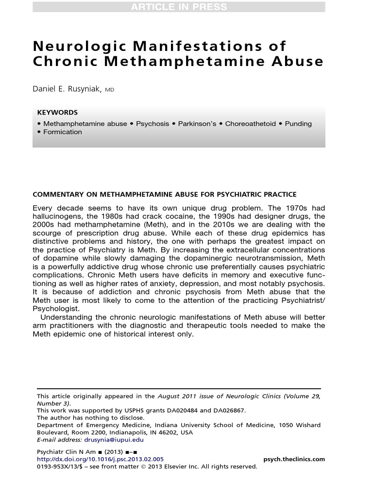 Neurologic Manifestations of Chronic Methamphetamine Abuse: Daniel E. Rusyniak | PDF ...