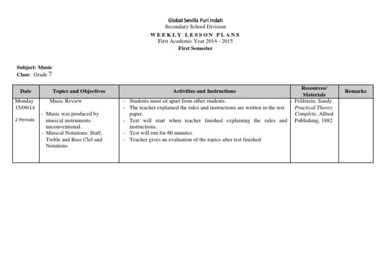 Weekly Lesson Plans First Semester: Practical Theory Complete, Alfred | PDF