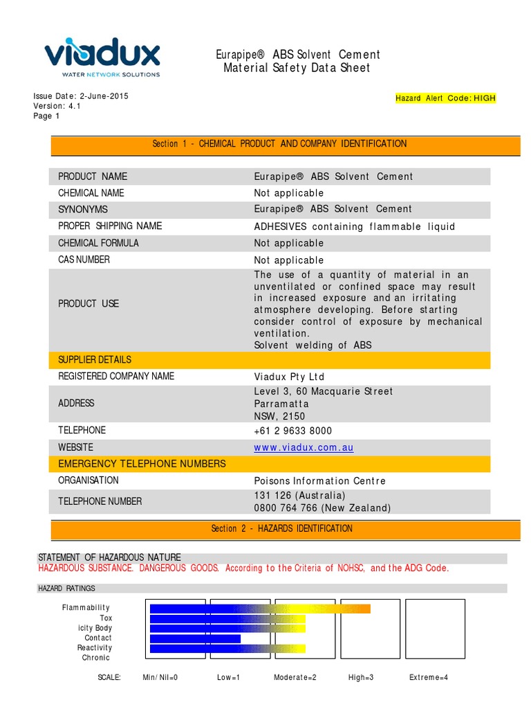 Eurapipe Abs Solvent Cement Material Safety Data Sheet | PDF | Aldehyde ...