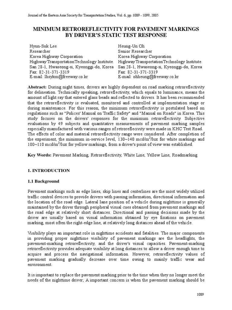 Minimum Retroreflectivity For Pavement Markings by Driver'S Static Test ...