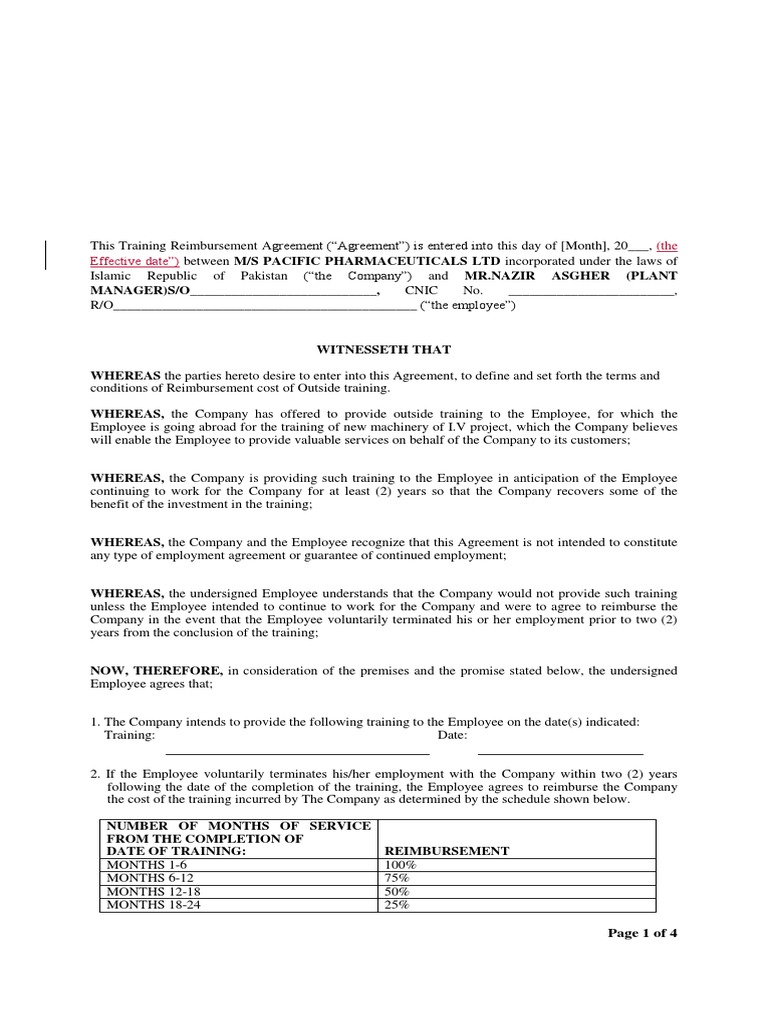 Training Reimbursement Agreement | PDF | Receipt | Employment