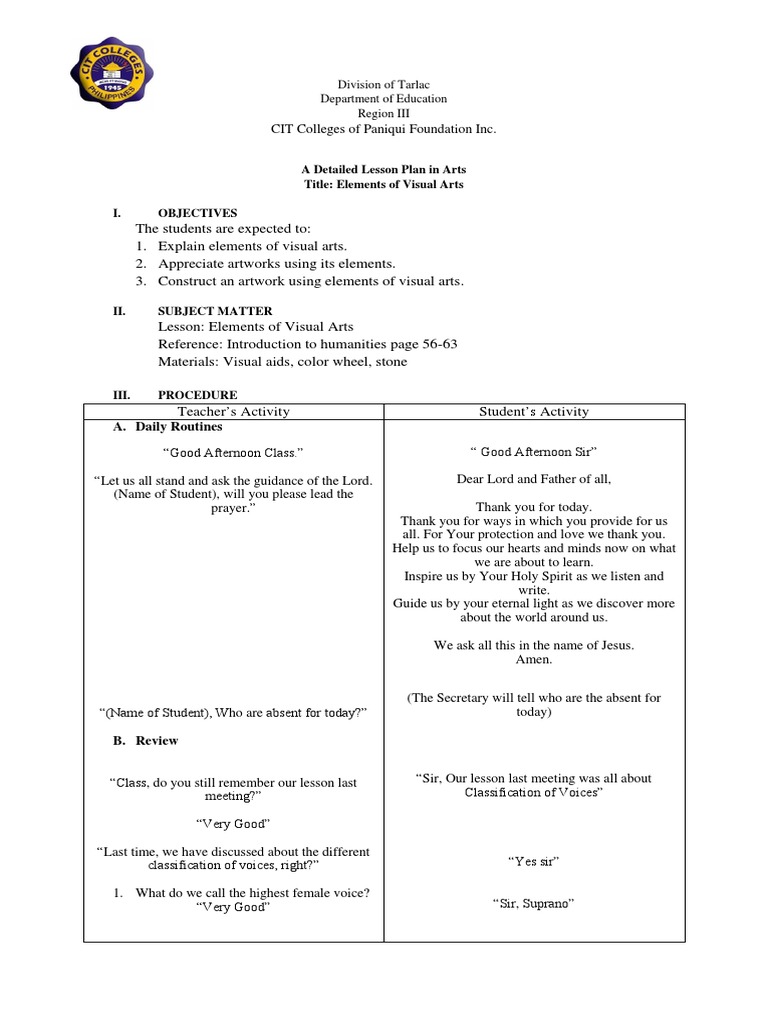Elements of Visual Arts Detailed Lesson Plan | PDF | Shape | Lesson Plan