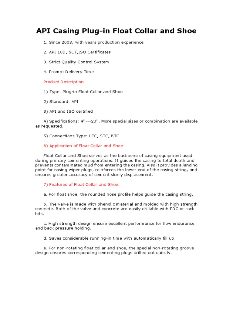 API Casing Float Collar and Shoe | PDF | Casing (Borehole) | Civil ...