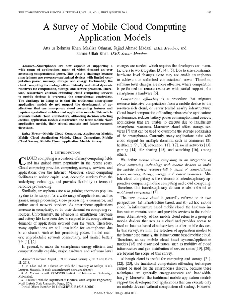 A Survey Of Mobile Cloud Computing Application Models Pdf Cloud Computing Operating System