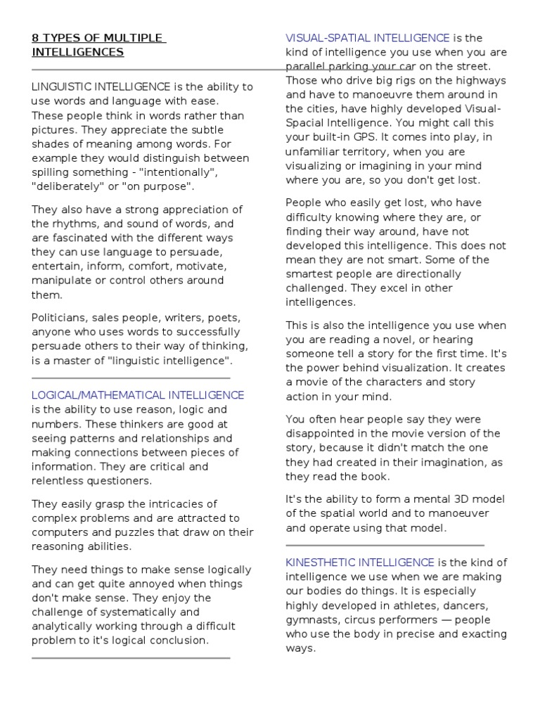 8 Types of Multiple Intelligences | PDF | Mind | Intelligence