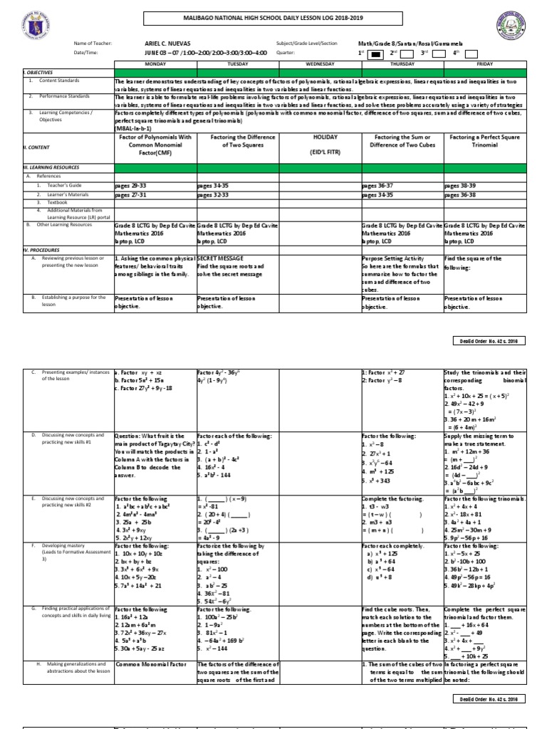 DLL Math 8 Quarter 1 Week 1 | PDF | Factorization | Polynomial