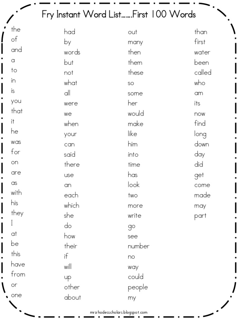 Fry Instant Word List .First 100 Words | PDF