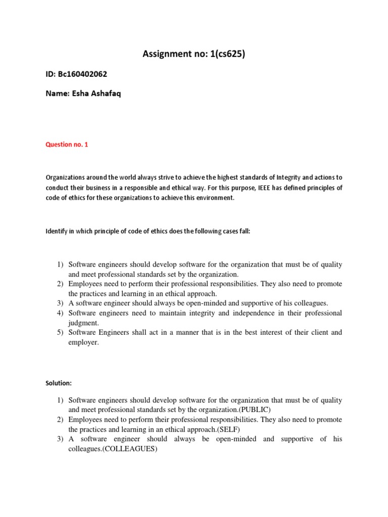 Assignment No: 1 (cs625) : ID: Bc160402062 Name: Esha Ashafaq | PDF | Engineer | Integrity