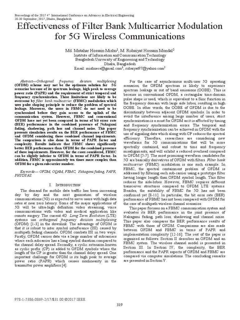Effectiveness of Filter Bank Multicarrier Modulation For 5G Wireless Communications | PDF ...