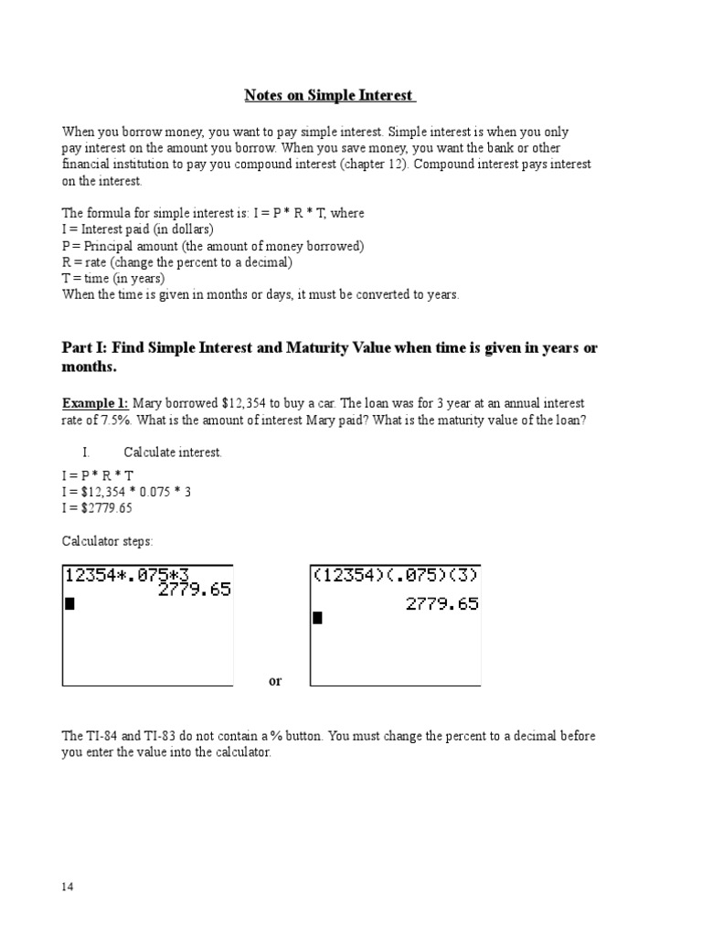 Notes On Simple Interest: Example 1: Mary Borrowed $12,354 To Buy A Car ...