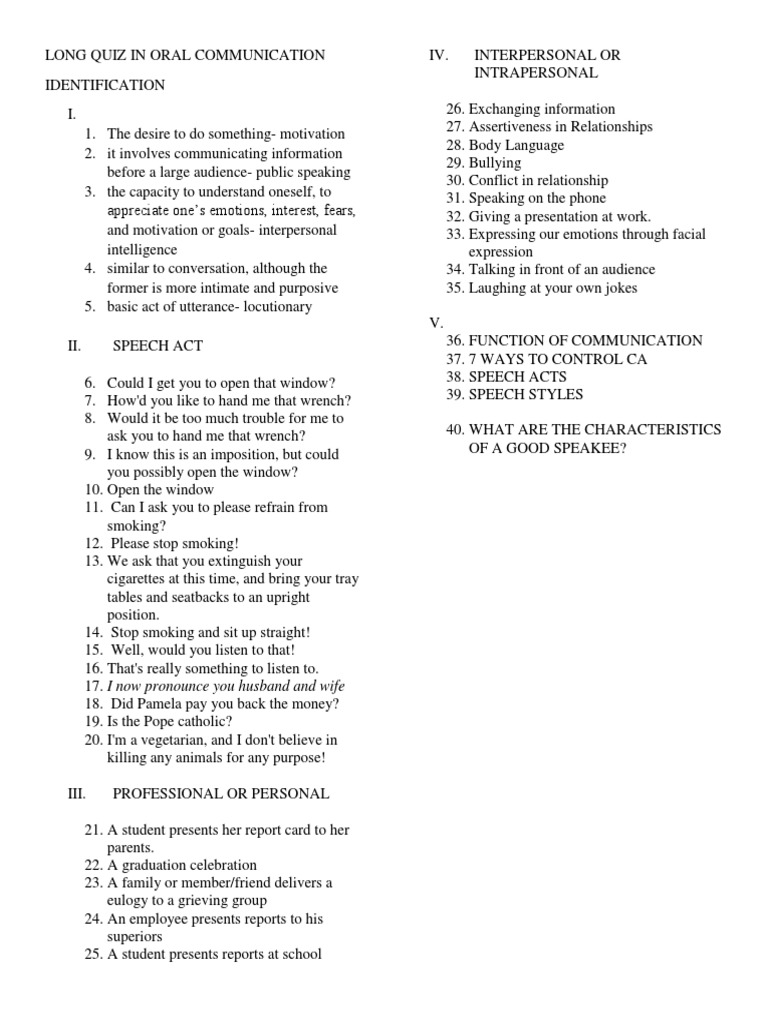 Long Quiz in Oral Communication | PDF | Public Speaking | Communication