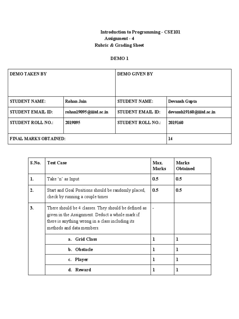 Introduction To Programming - CSE101 Assignment - 4 Rubric & Grading Sheet Demo 1 | PDF | Areas ...