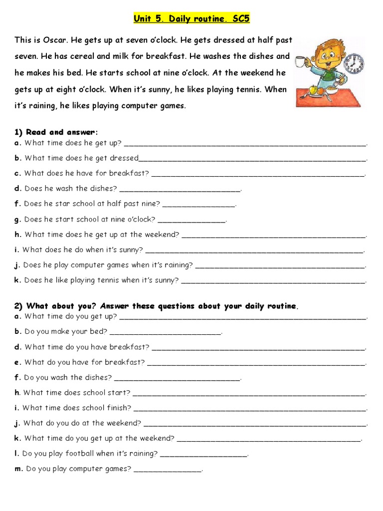 Unit 5. Daily Routine. SC5 Text and Questions PDF | PDF