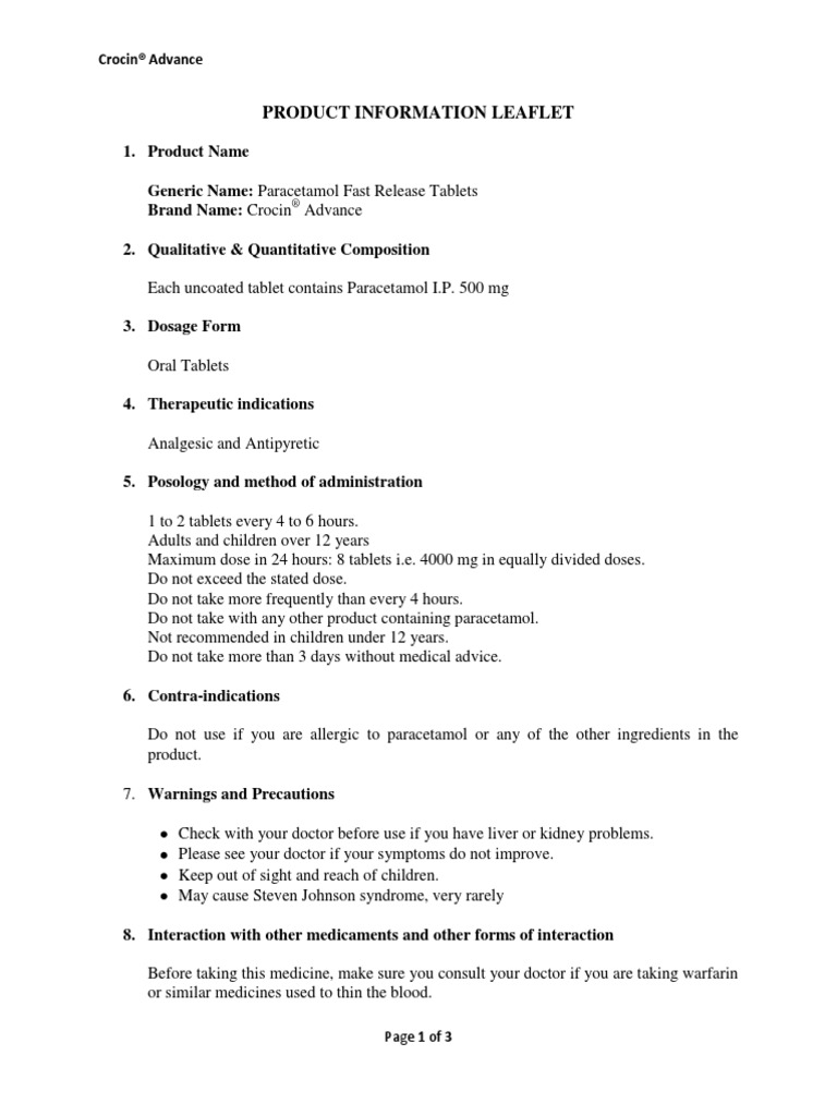 Crocin Advance Product Info | PDF | Dose (Biochemistry) | Chemistry
