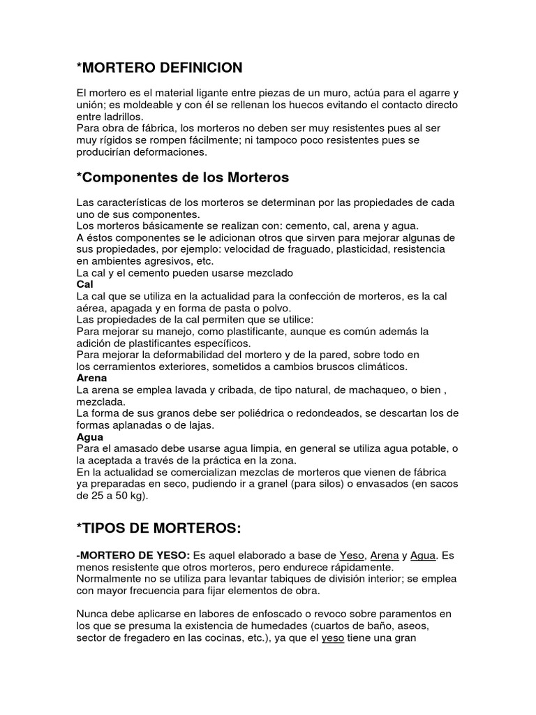 Mortero Definicion | PDF | Mortero (Albañilería) | Cemento