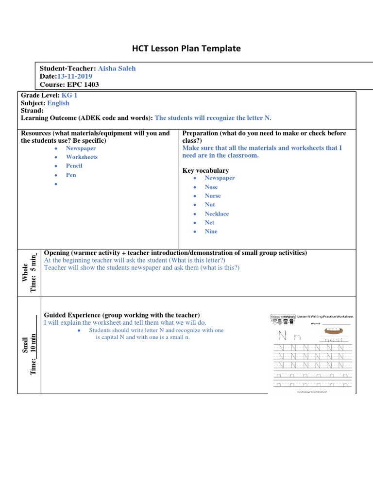 N Letter Lesson Plan KG 1 | PDF | Lesson Plan | Teachers