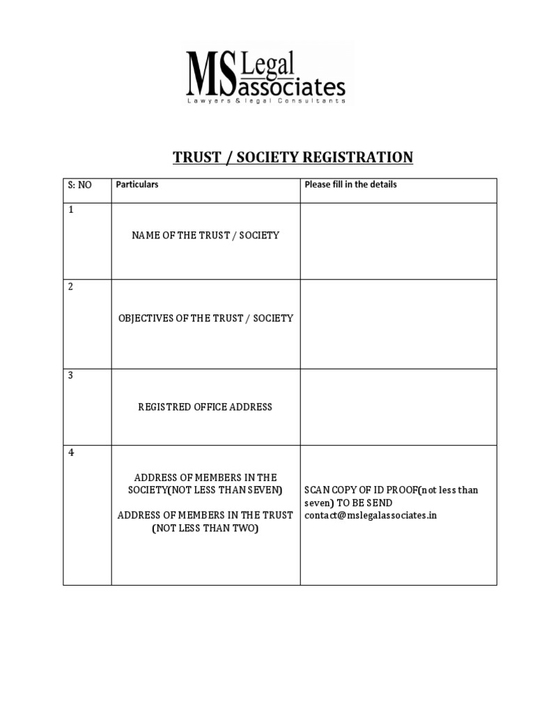 Trust / Society Registration: Particulars Please Fill in The Details | PDF