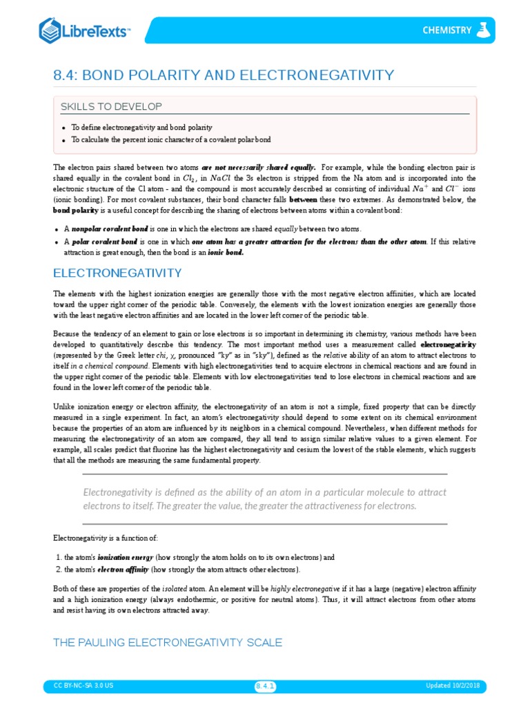 8.4: Bond Polarity and Electronegativity | PDF | Ionic Bonding | Chemical Polarity