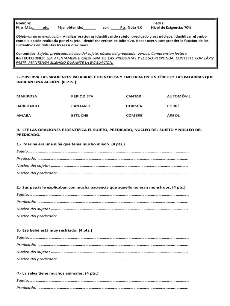 Prueba Sujeto y Predicado | PDF | Predicado (Gramática) | Asunto ...