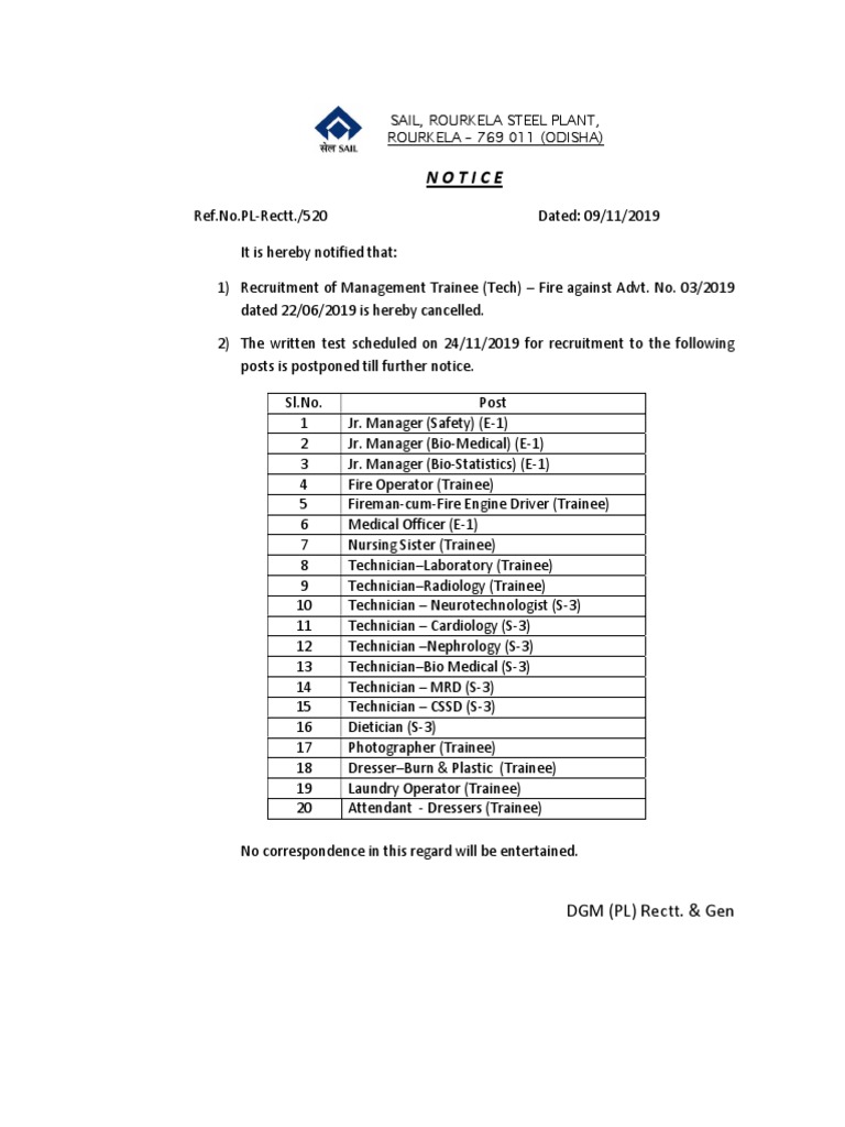 Cancellation of Written Test DTD 24-11-2019 | PDF