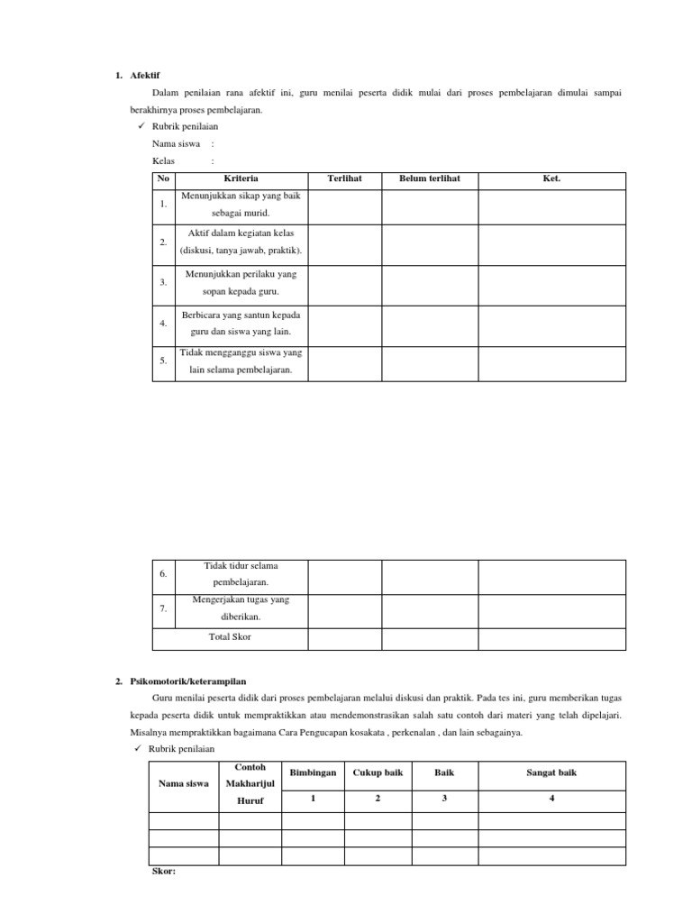 1. "[Afektif Assessment Rubric]" 2. "[Psychomotor Skills Assessment ...